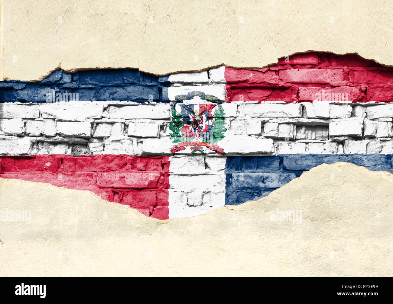 National flag of Dominican Republic on a brick background. Brick wall ...