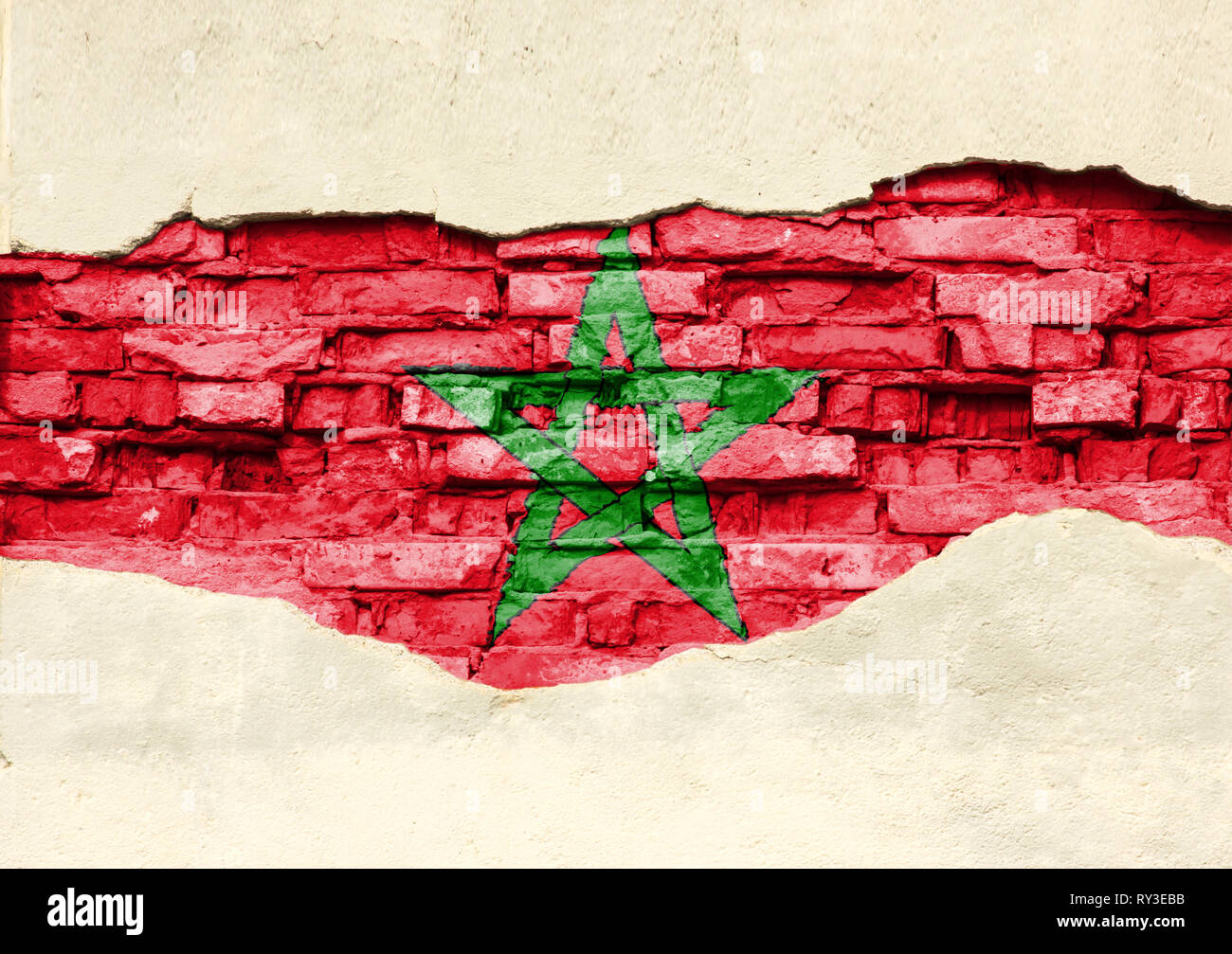 National flag of Morocco on a brick background. Brick wall with ...