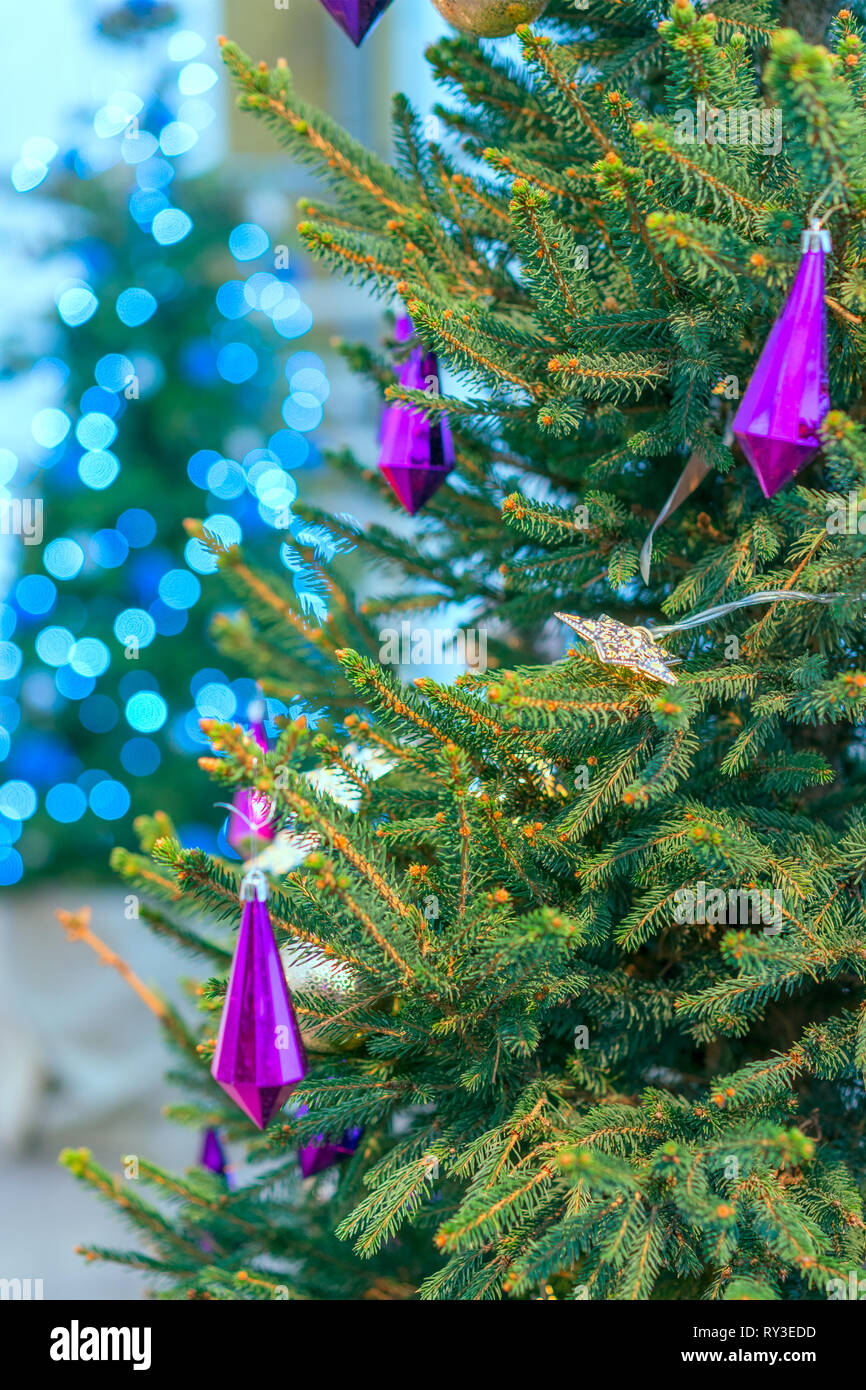 Christmas tree branch with colorful toys Stock Photo - Alamy