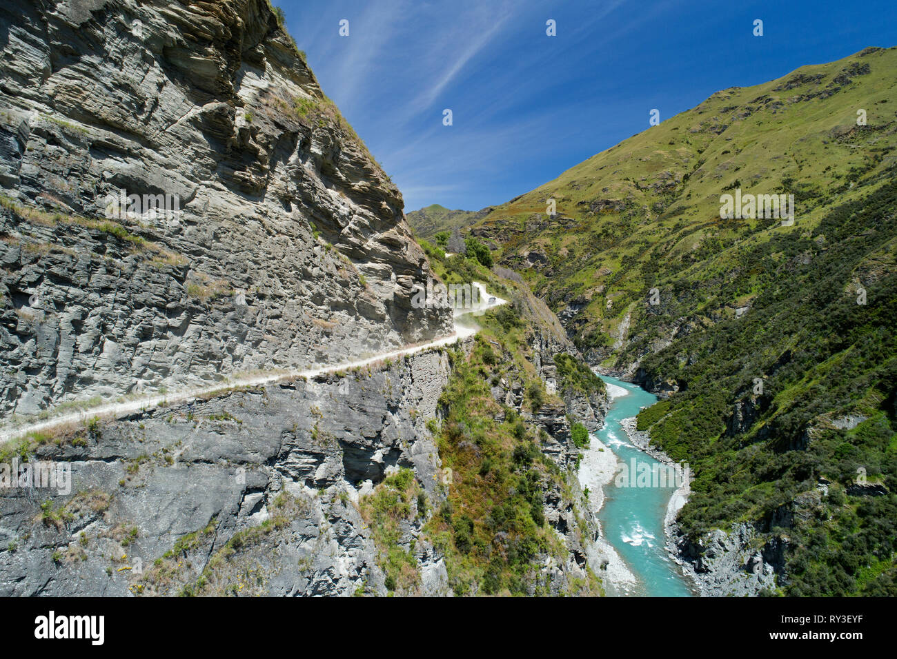 Road into Skippers Canyon, and Shotover River, near Queenstown, South ...