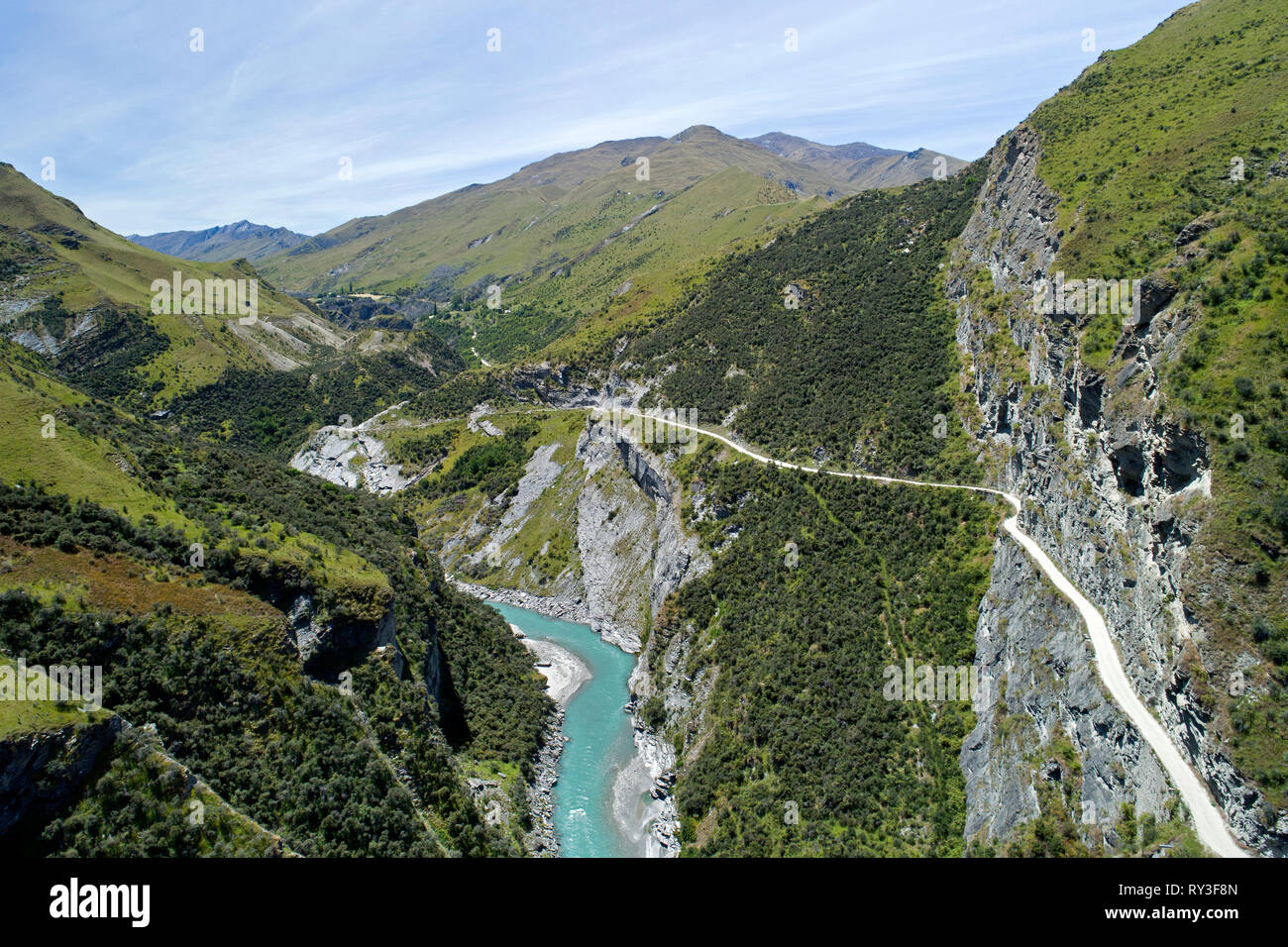 Road into Skippers Canyon, and Shotover River, near Queenstown, South ...