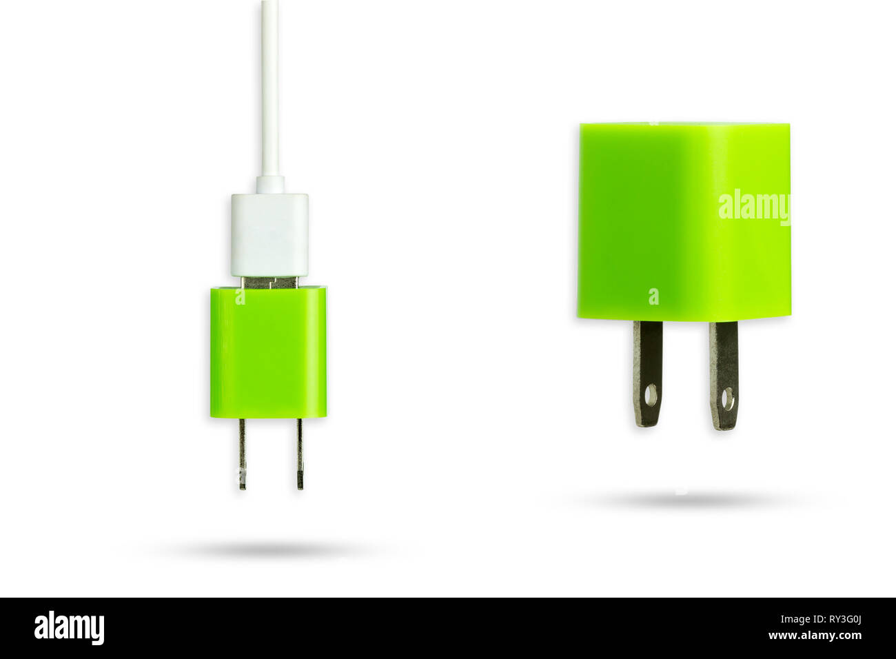 Green power adapter charger and white usb cable on isolate white ...