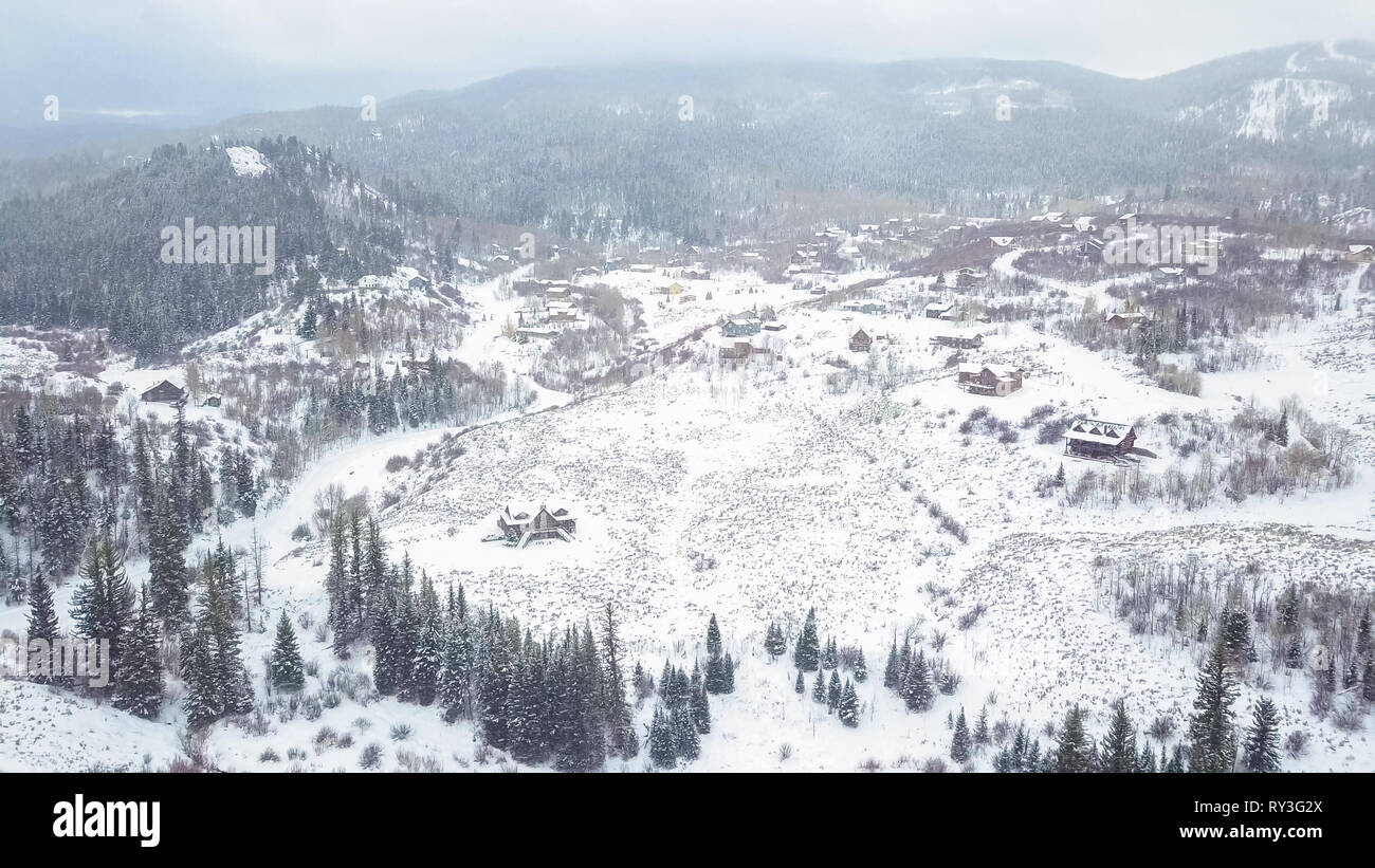Aerial view of rural mountain community in the Winter Stock Photo - Alamy