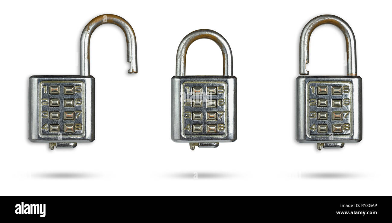 Set of old password key lock placed on isolate white background with ...