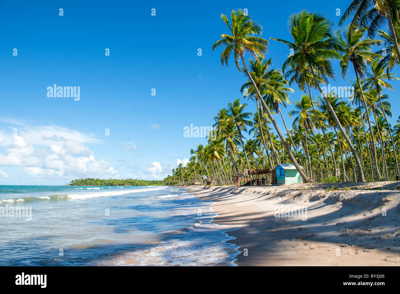 Colorful Brazilian beach shacks line the shore of a remote tropical ...