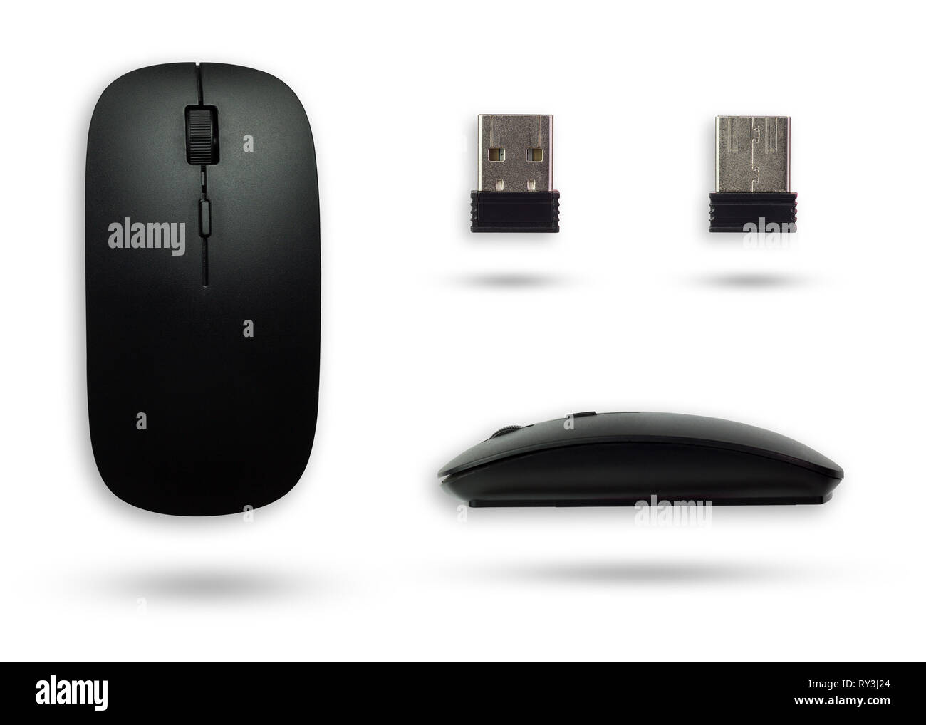 Black wireless mouse and USB wireless mouse transmitter on isolated ...