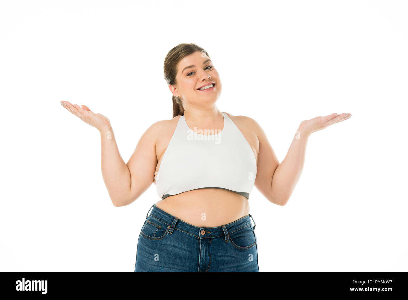 happy smiling overweight woman isolated on white, body positivity ...