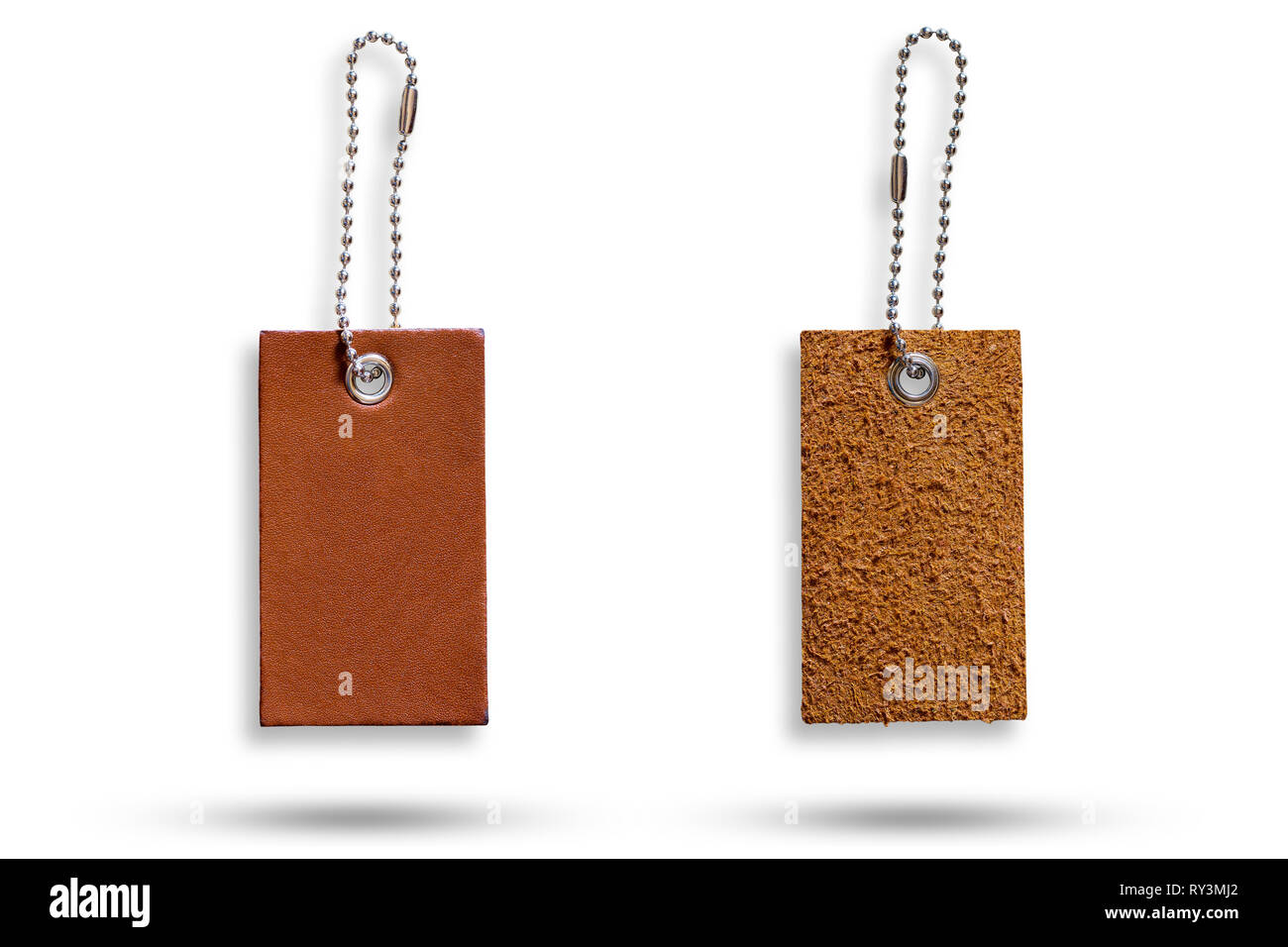 Leather label of product price and stainless steel ball chain on ...