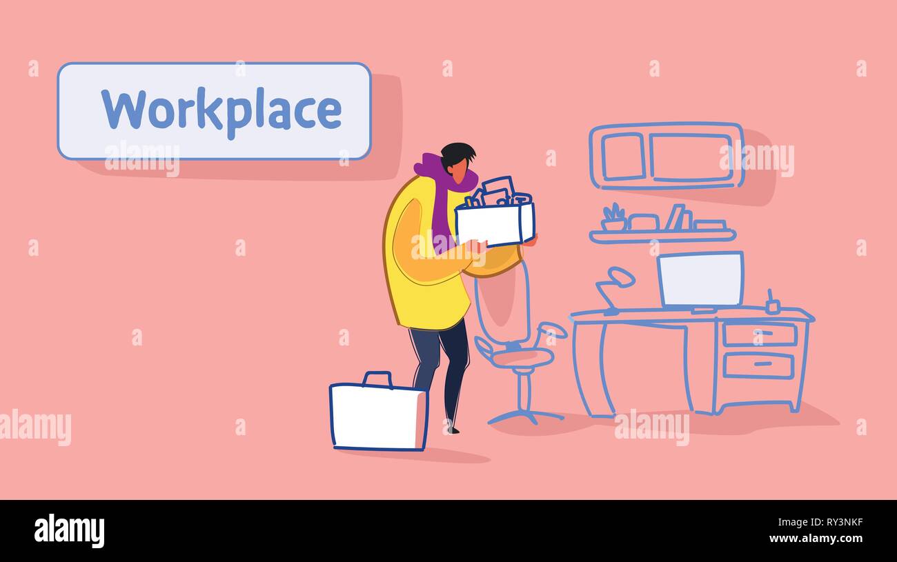 casual business man holding box with office stuff recruitment new job ...