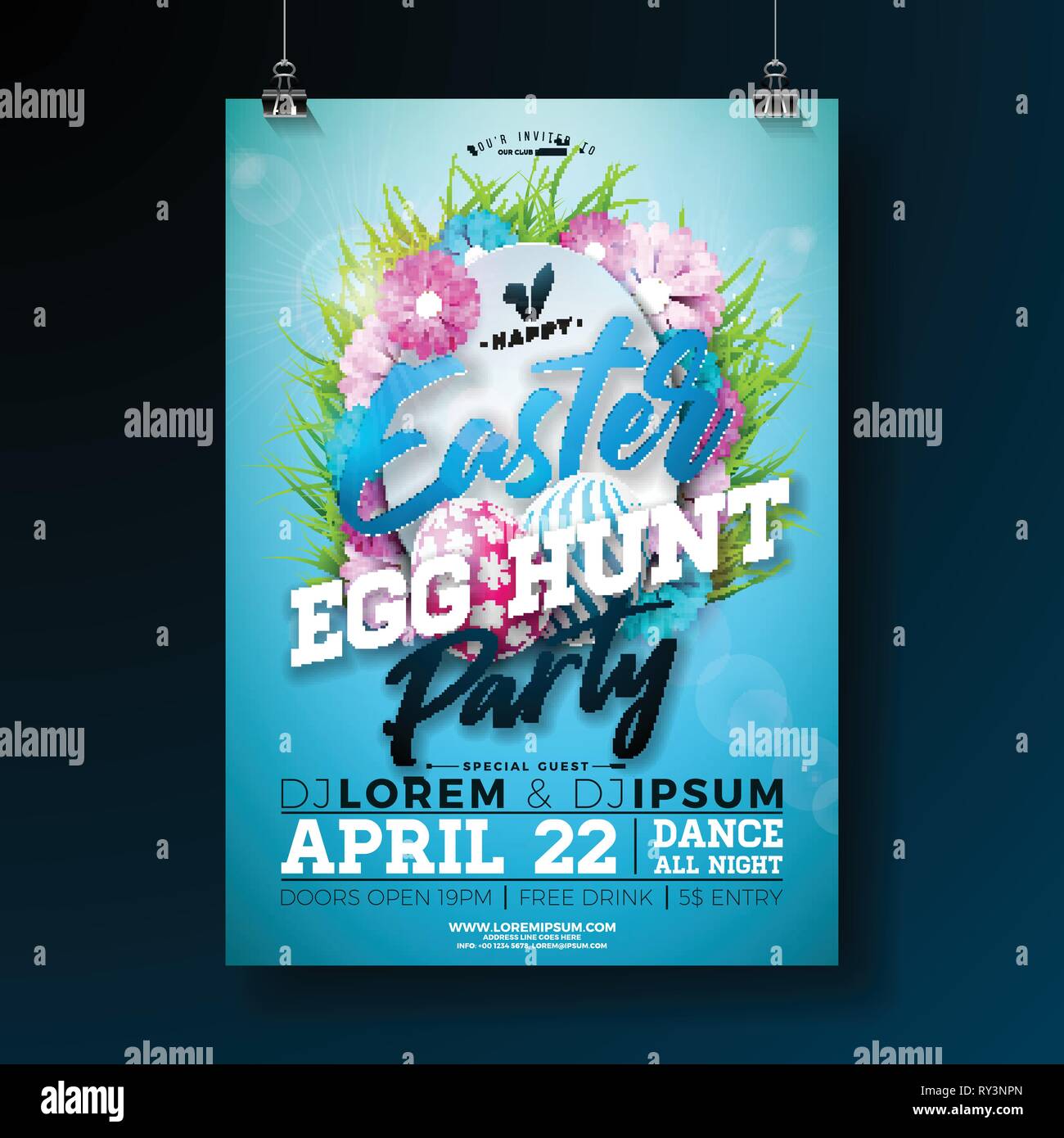 Vector Easter Party Flyer Illustration with painted eggs, flower and ...