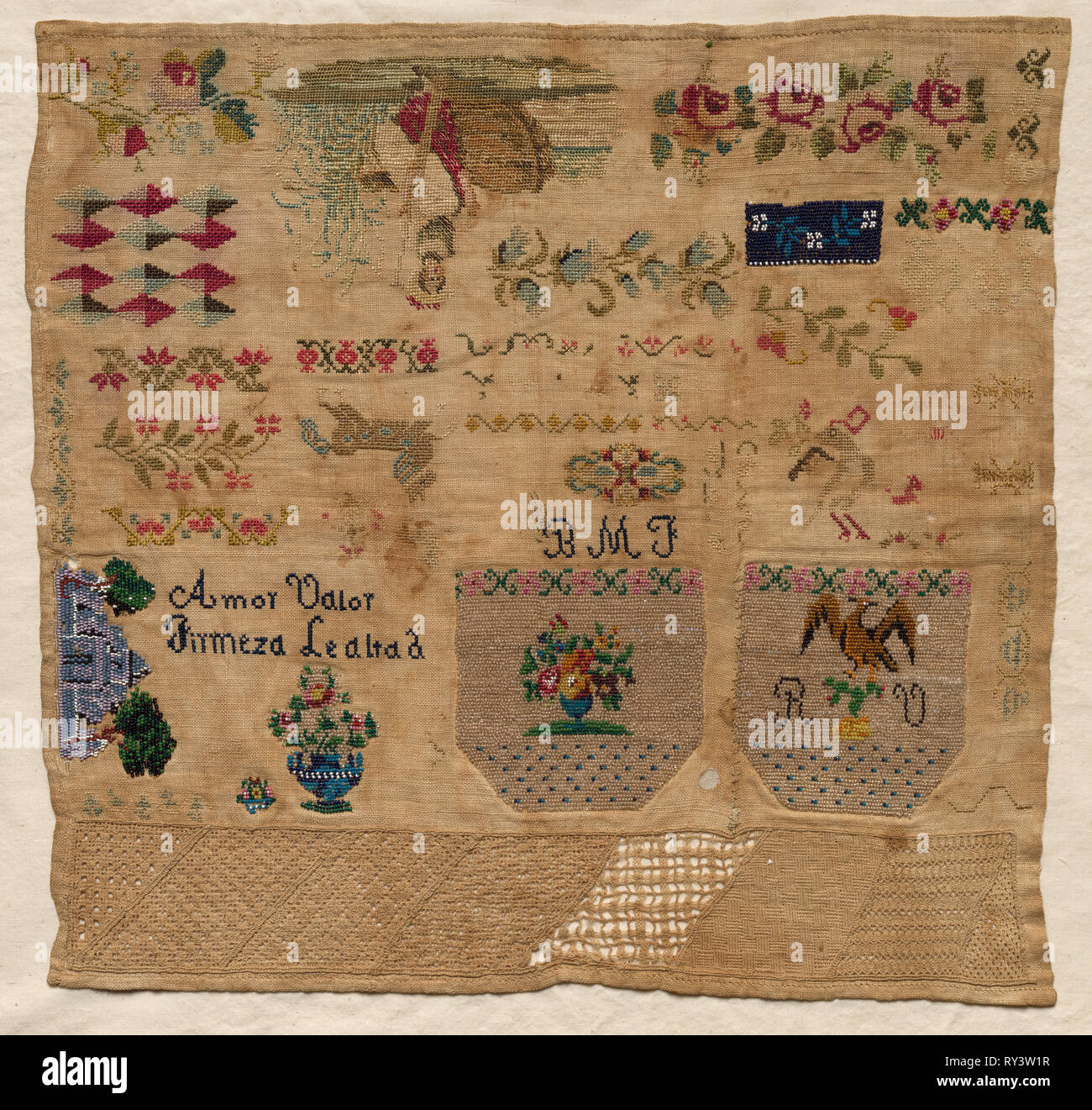 Sampler, 1800s. Mexico, 19th century. Embroidery; average: 35.5 x 37.5 ...