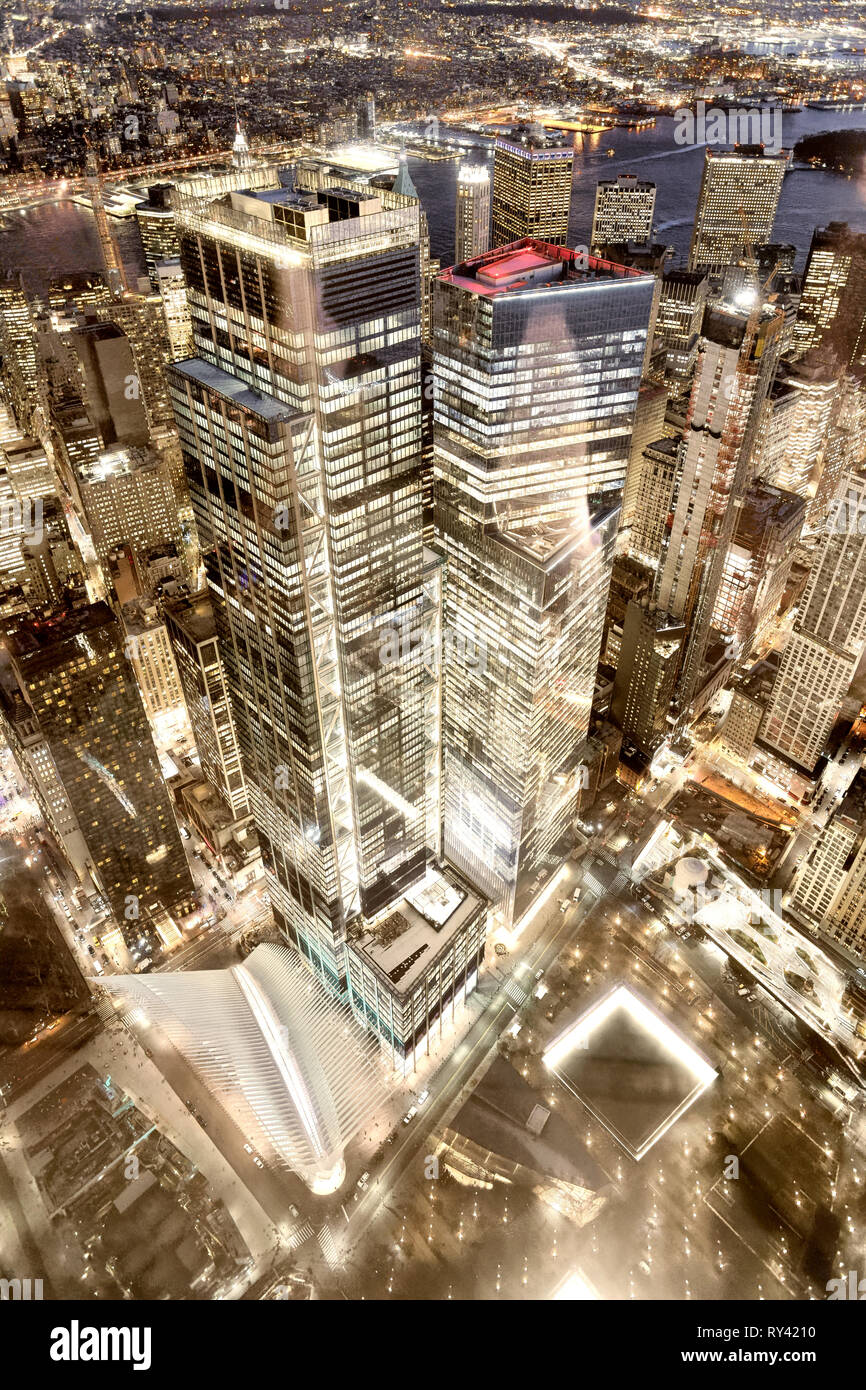 Downtown Manhattan tall skyscrapers, downward view at night, city ...
