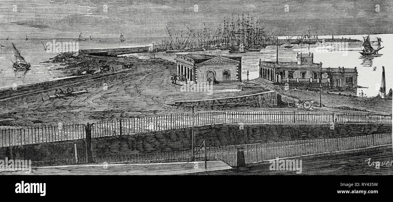 Spain, Catalonia, Tarragona. Port. Engraving. Crónica General de España ...