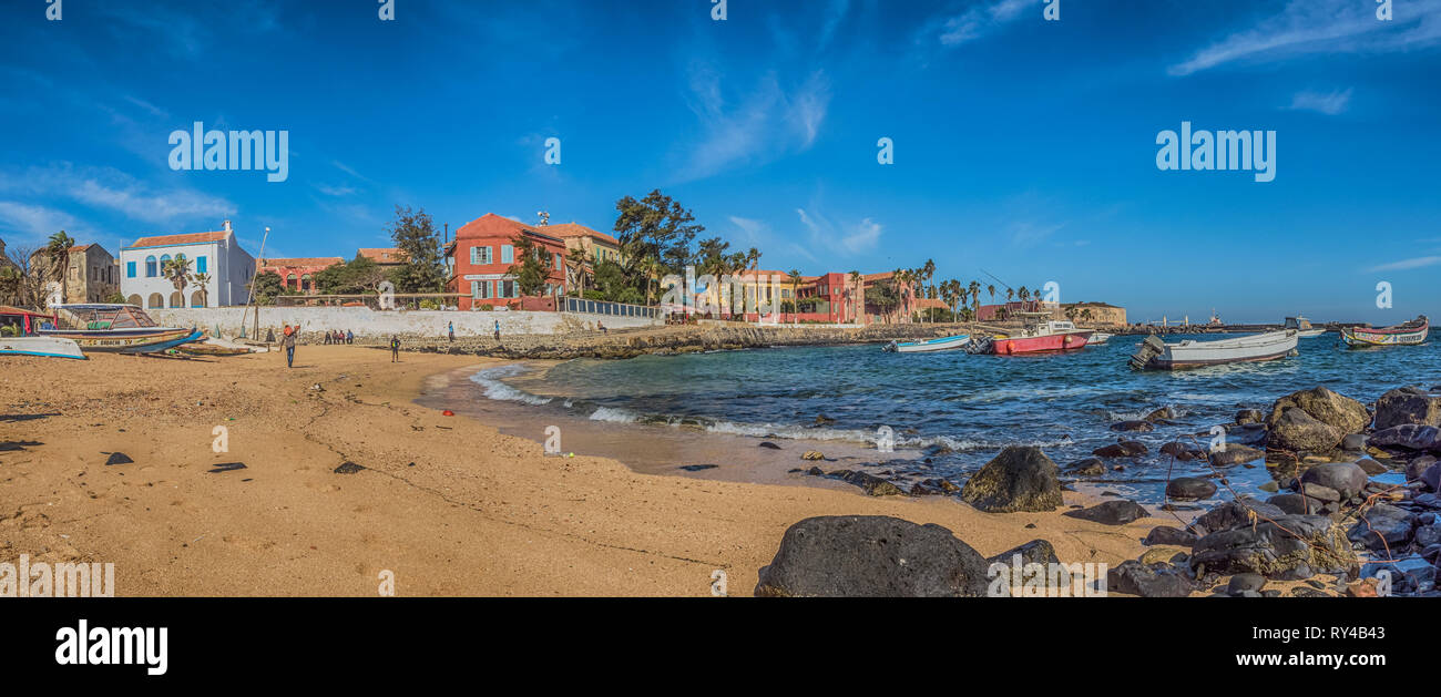 Goree, Senegal- February 2, 2019: Panoramic view of colorful houses on ...