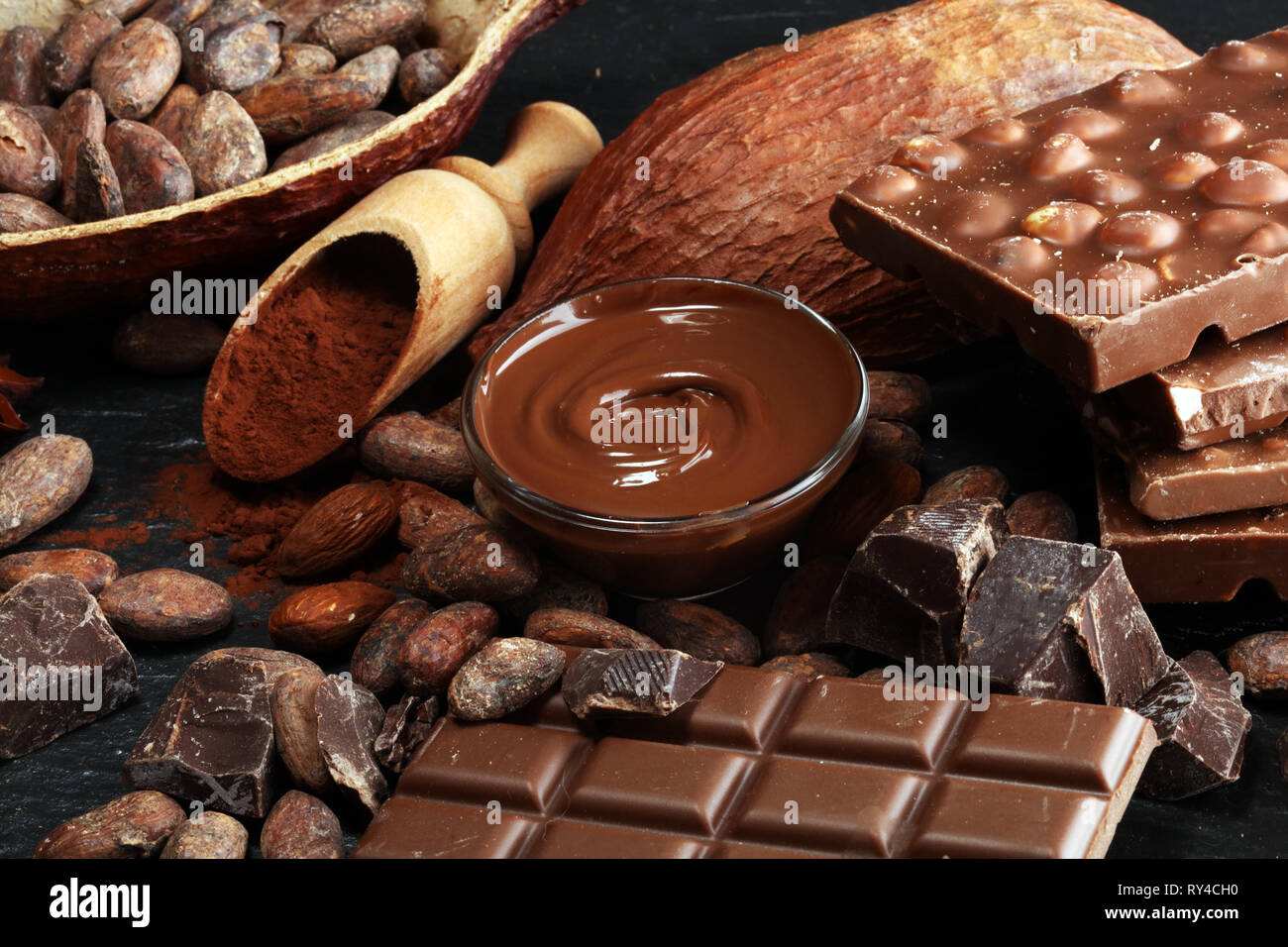 Melting chocolate or melted chocolate with a chocolate swirl and stack ...