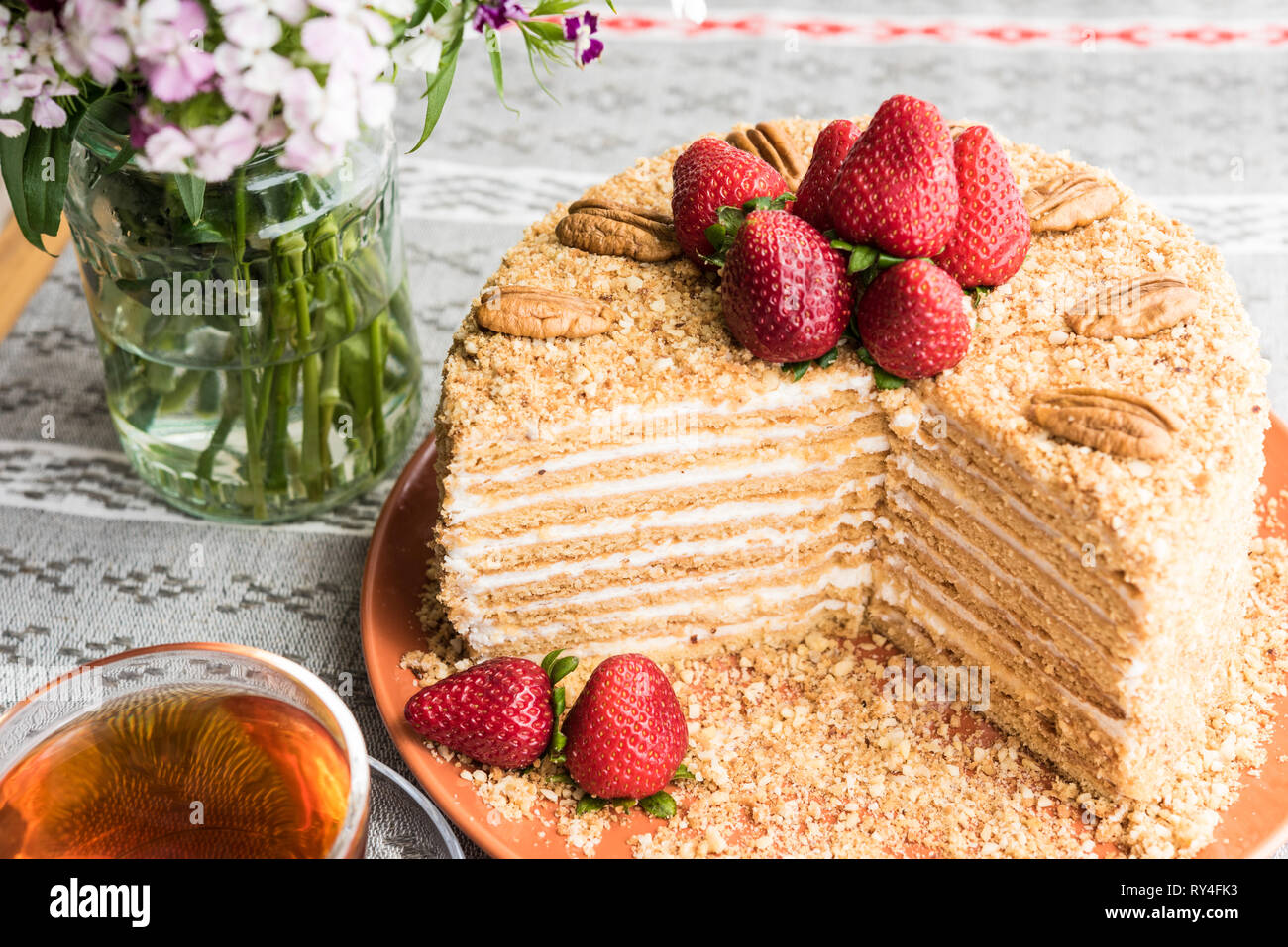 Russian honey cake - Medovik - Traditional Russian recipe. Cake portion ...