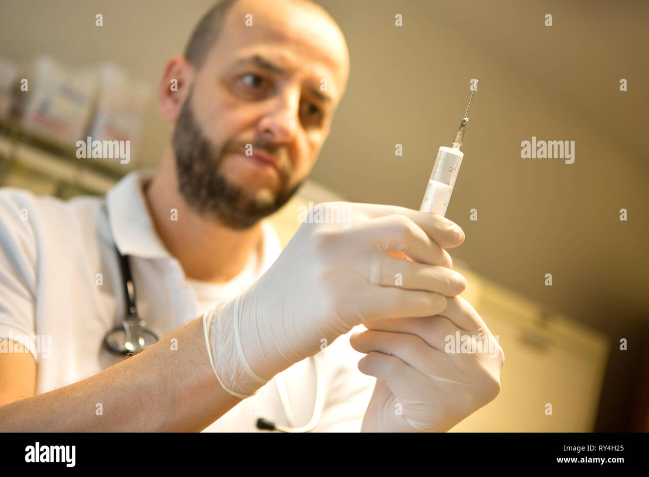 Doctor preparing an injection and wearing protective gloves Stock Photo ...