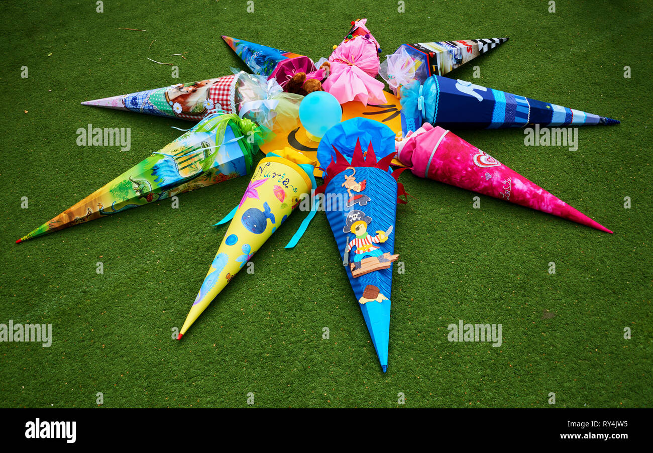 many school cones at first school day Stock Photo - Alamy