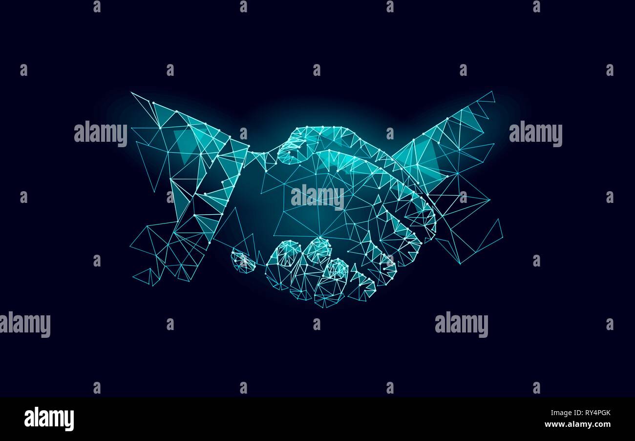 Two hands handshake business agreement. Low poly polygonal triangle ...