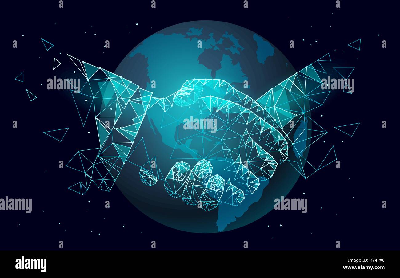 Global handshake business agreement. Low poly polygonal triangle ...