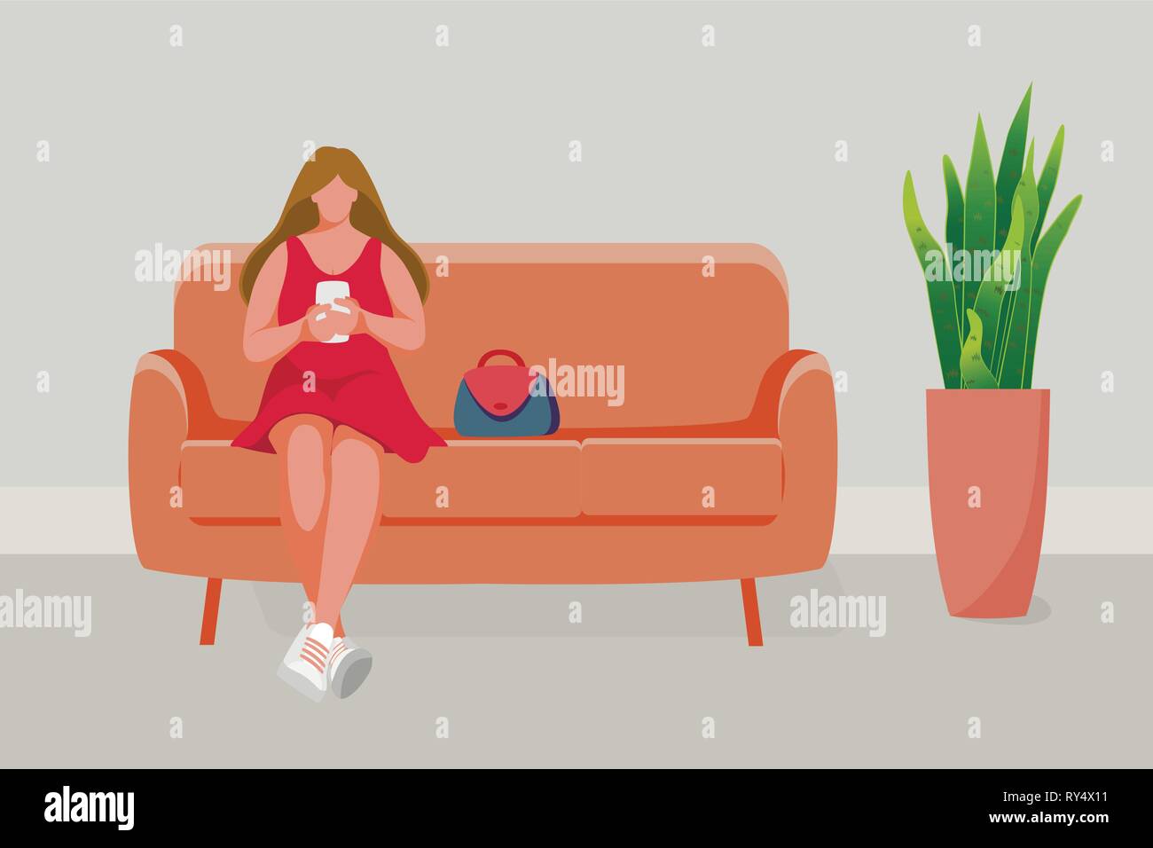 Girl sitting on the sofa. Girl using mobile phone. Vector illustration ...