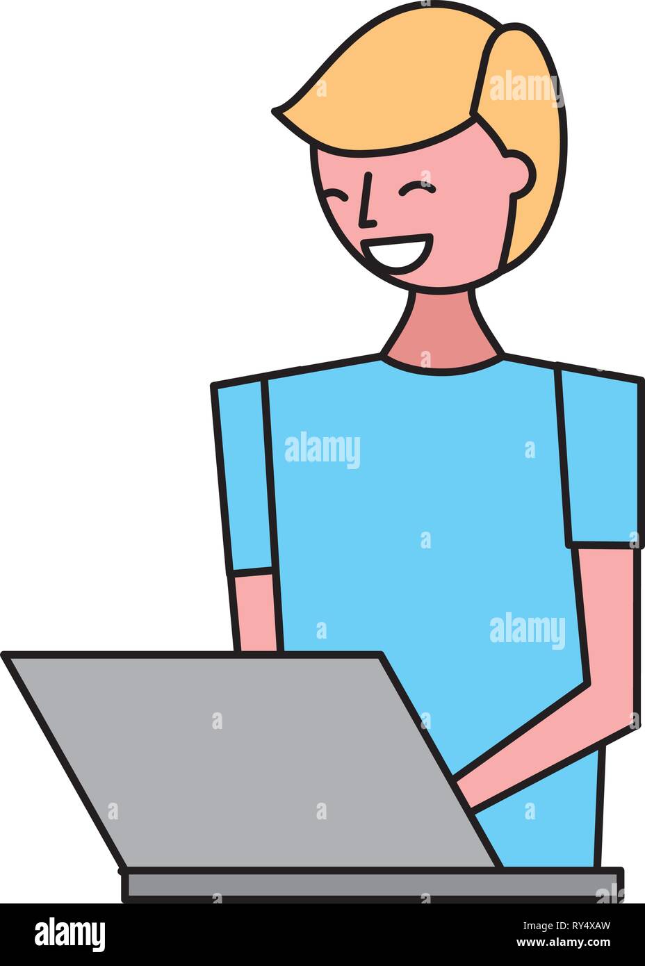 Happy guy working laptop typing Stock Vector Images - Alamy