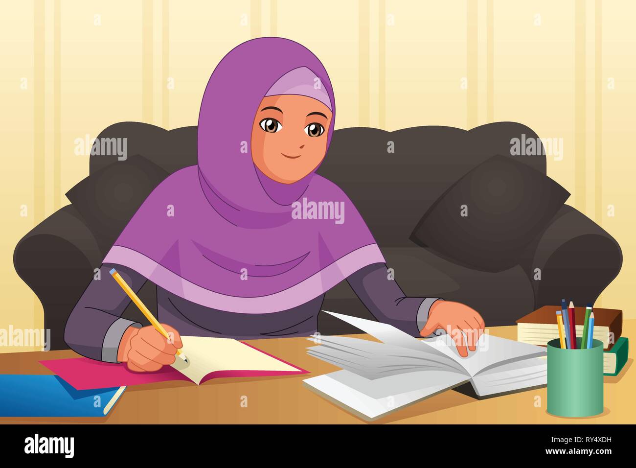 A vector illustration of Muslim Girl Doing Homework at Home Stock ...
