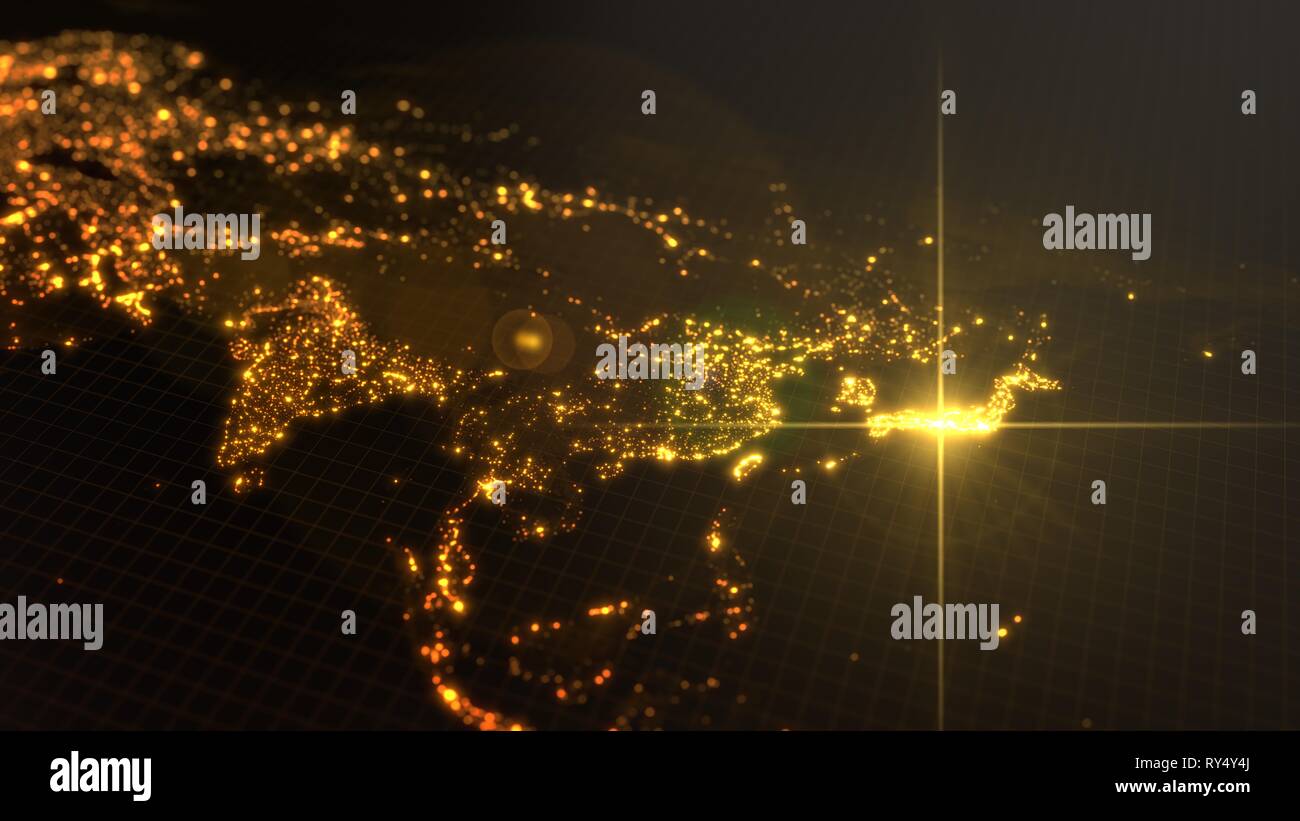 power of japan, energy beam on tokyo. dark map with illuminated cities ...