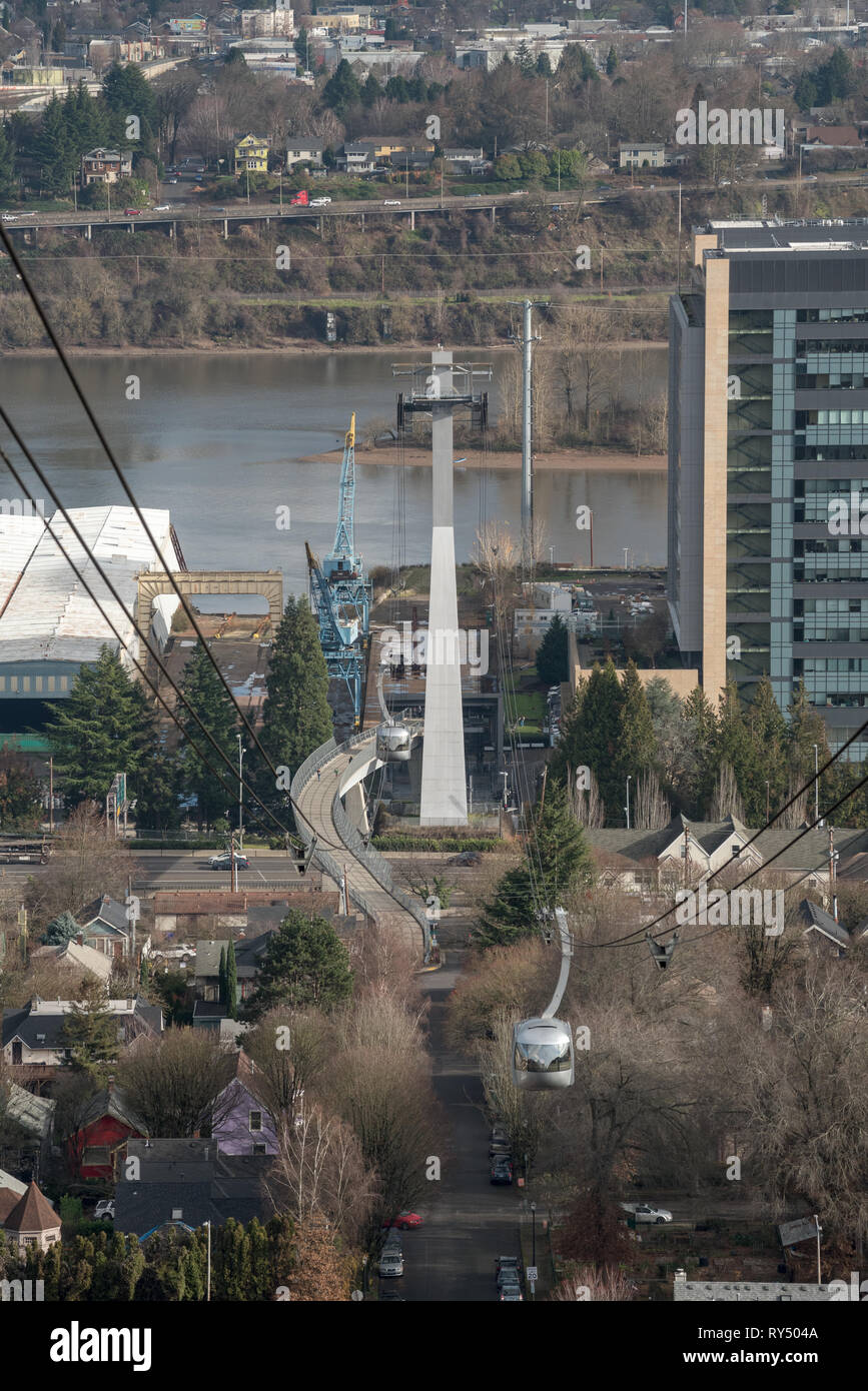 Portland aerial tram, Willamette River and South Waterfront area ...