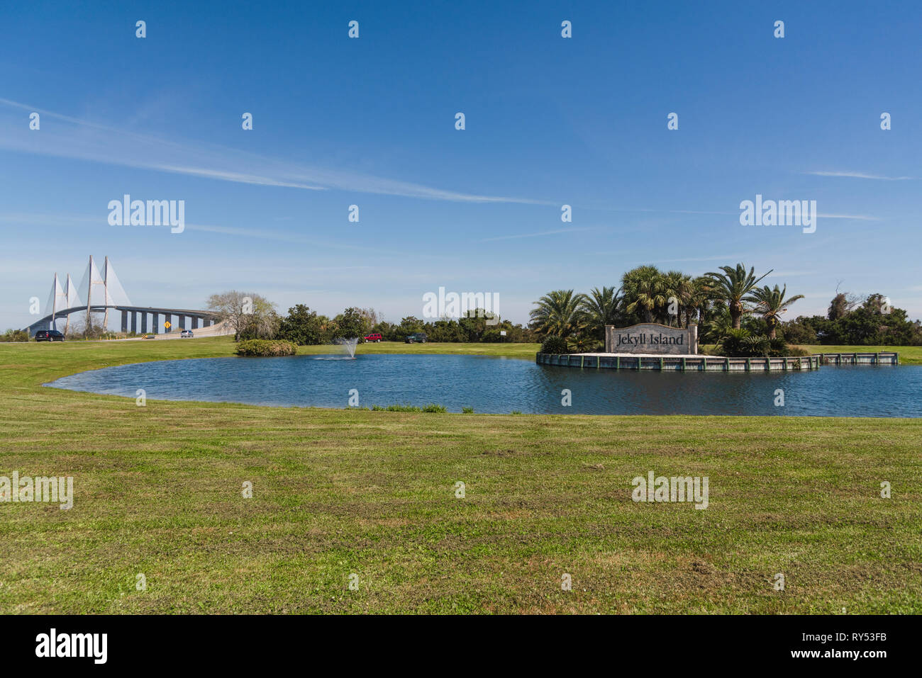 Jekyll Island, Georgia Park Entrance with the Sidney Lanier Bridge in ...