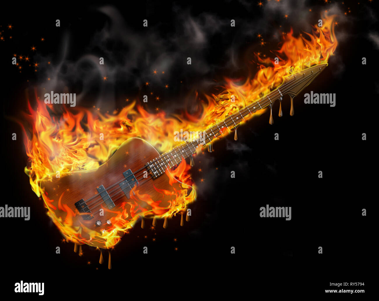 Burning and melting bass guitar in black space Stock Photo - Alamy