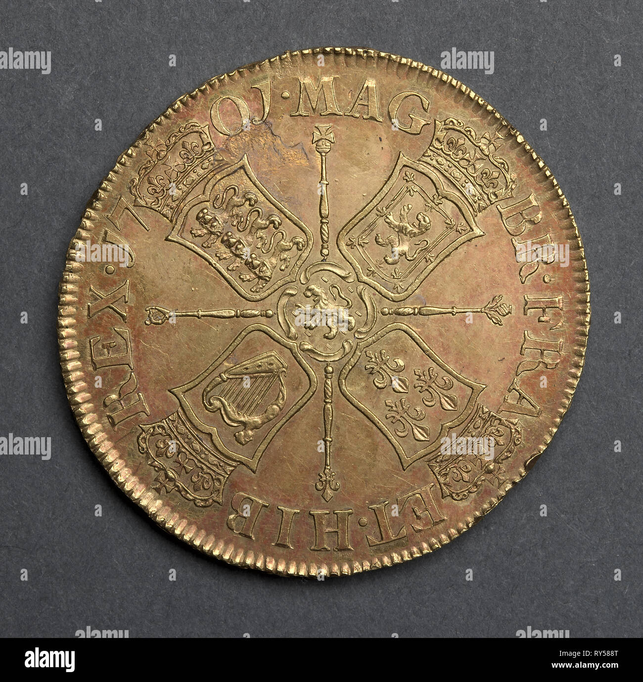 Five Guineas (reverse), 1701. England, William III, 1694-1702. Gold ...