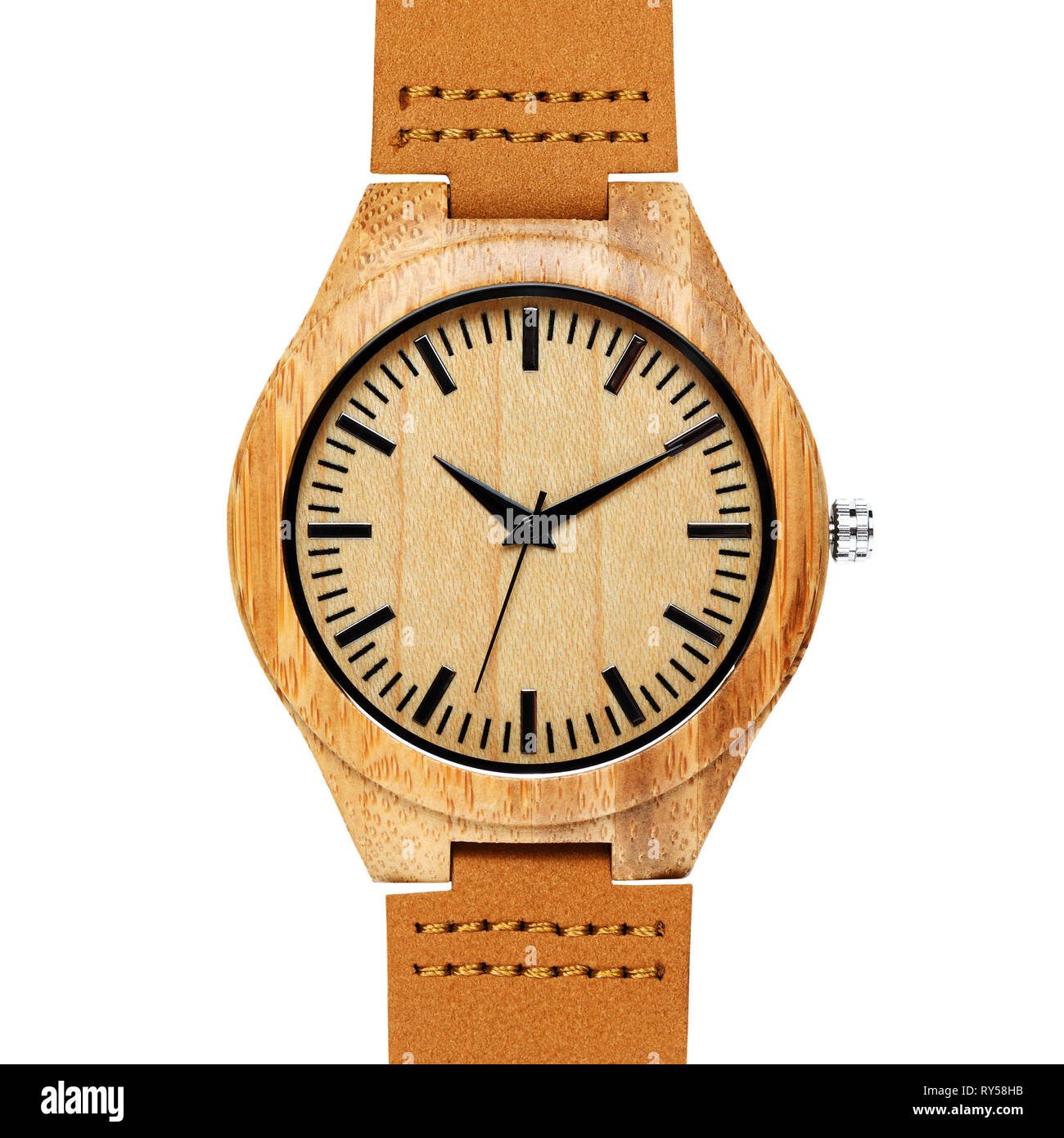 Bamboo watch with strap isolated on white background Stock Photo - Alamy