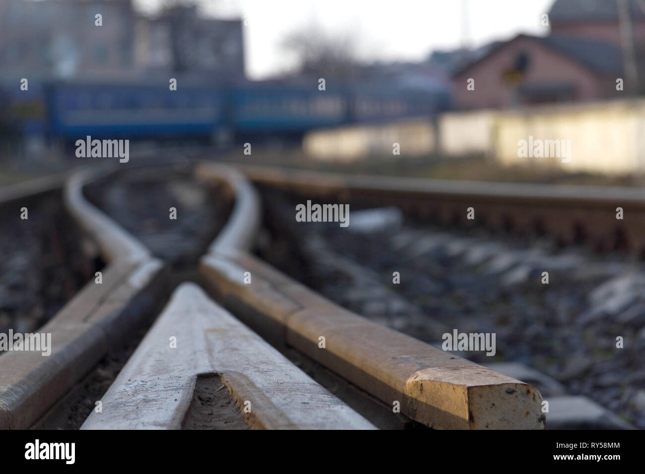 Close-up Train tracks leading on the background of the train Stock ...