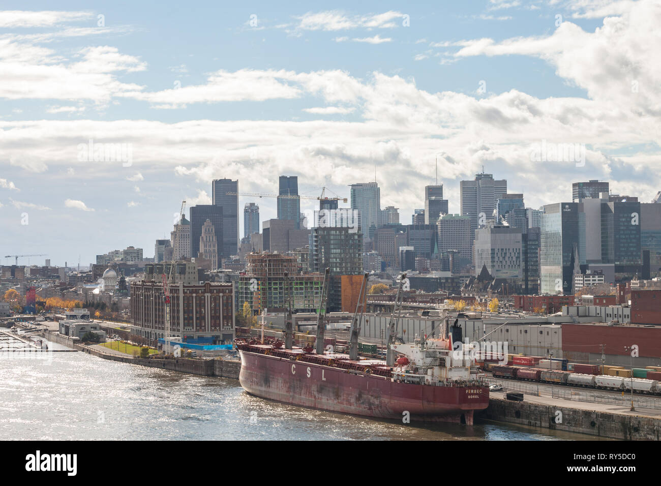 MONTREAL, CANADA - NOVEMBER 8, 2018: Cargo ship in the industrial port ...