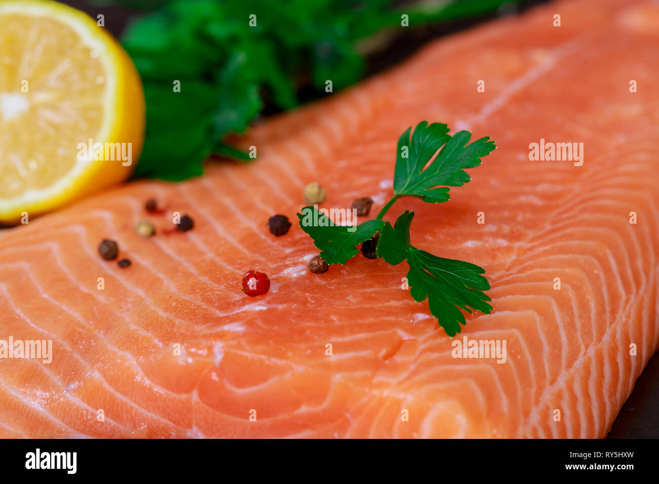 Fresh fish, salmon fillet with vegetables top view, tasty and healthy ...
