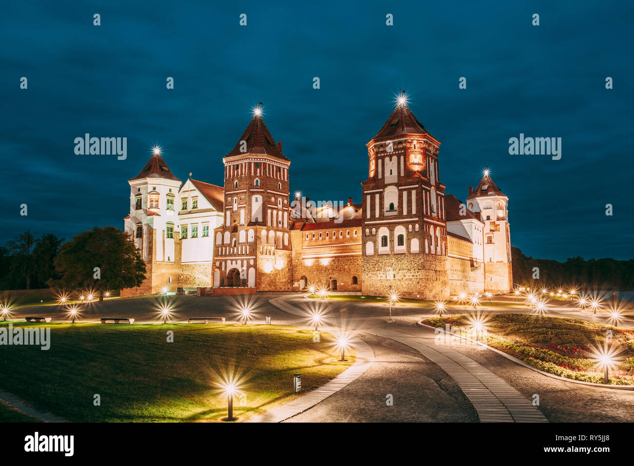Mir, Belarus. Mir Castle Complex In Evening Illumination Lighting ...