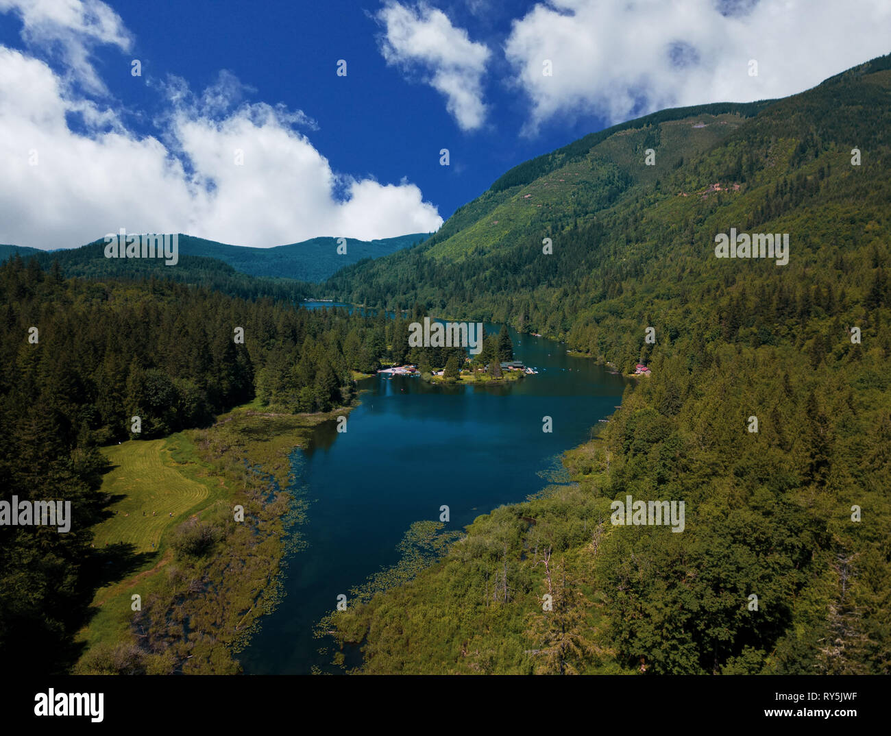 Aerial photo over lake in the Pacific Northwest Stock Photo - Alamy