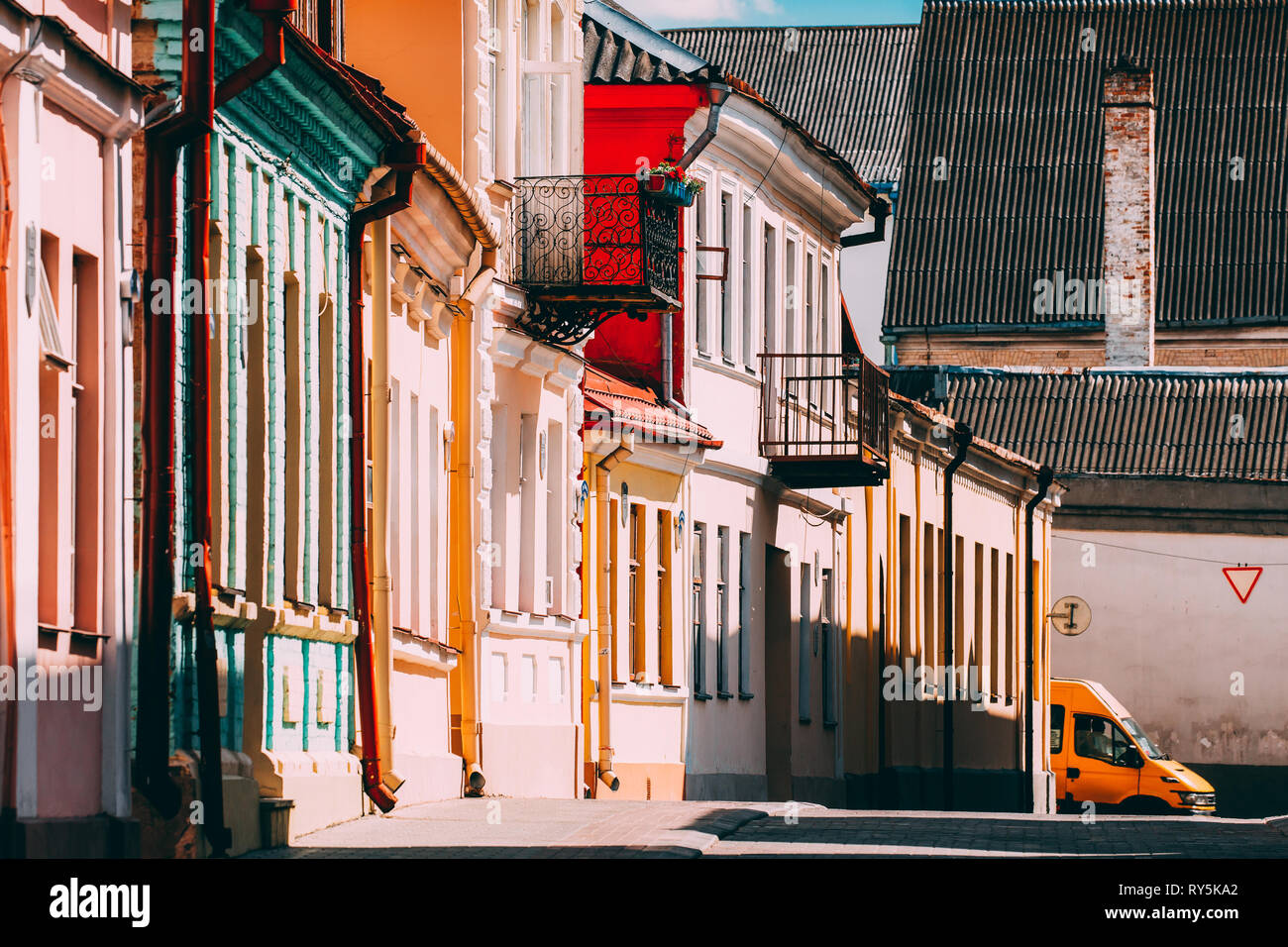 Grodno, Belarus. Facades Of Old Traditional Houses In Sunny Summer Day ...