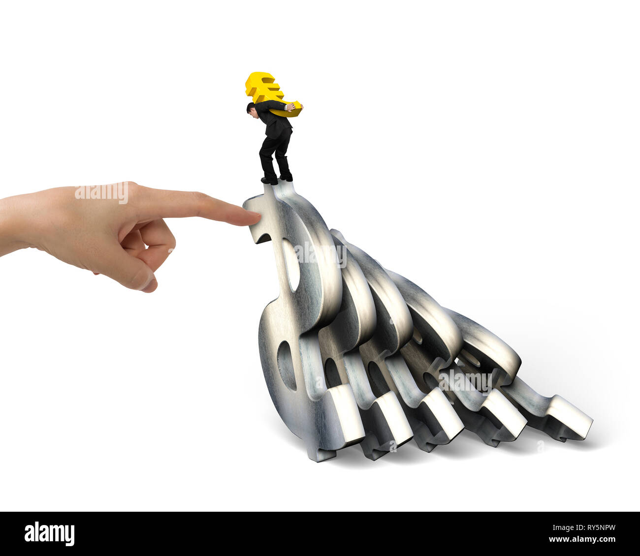 Man carrying golden Euro sign, balancing on falling of dollar currency ...