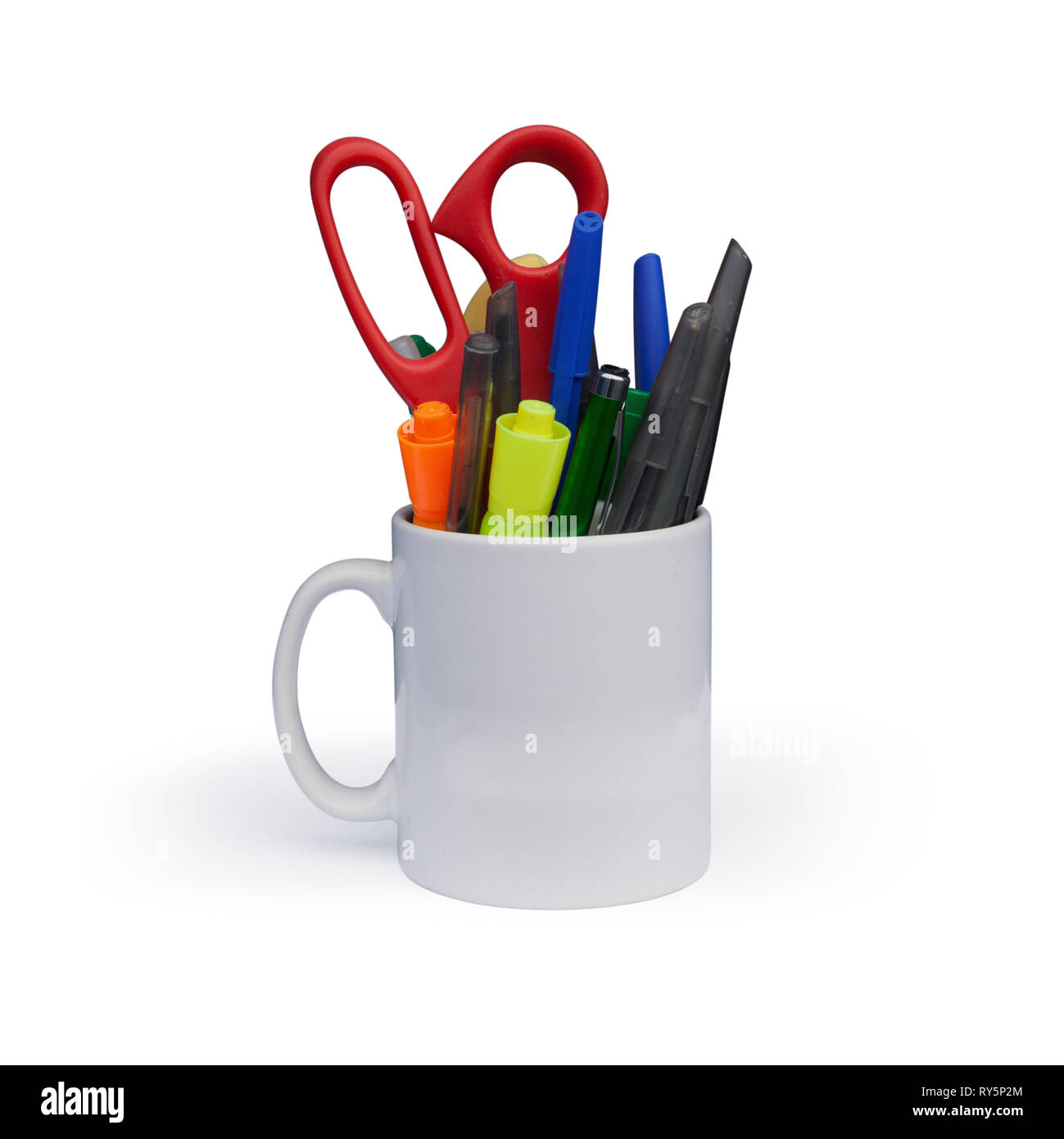 Assorted Pens and Scissors in White Coffee Mug on White Background ...