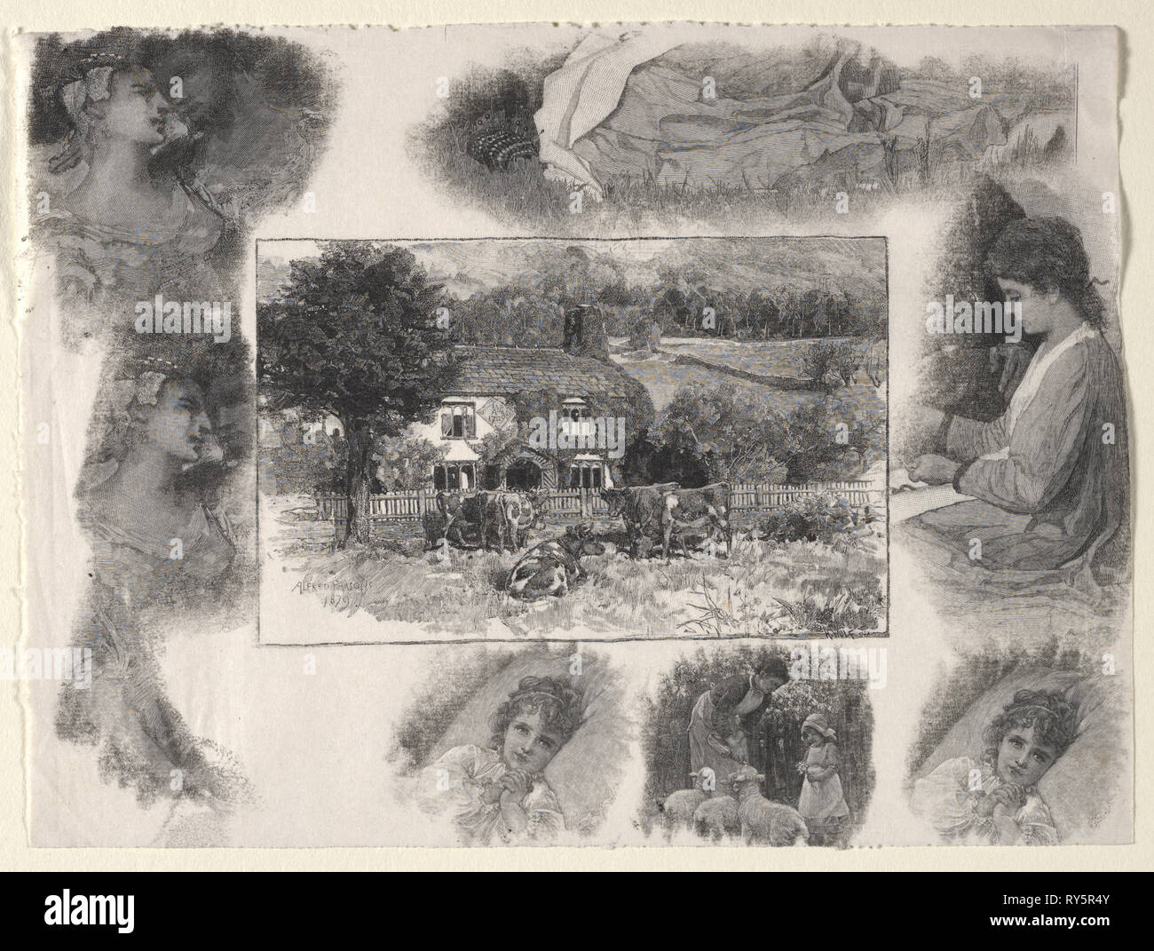 Landscape with Cottage and Cows Surrounded by Various Sketches. Henry ...