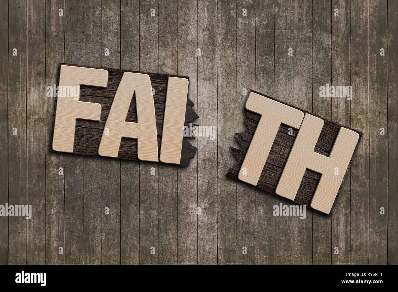 FAITH word with broken board on wooden wall background Stock Photo - Alamy