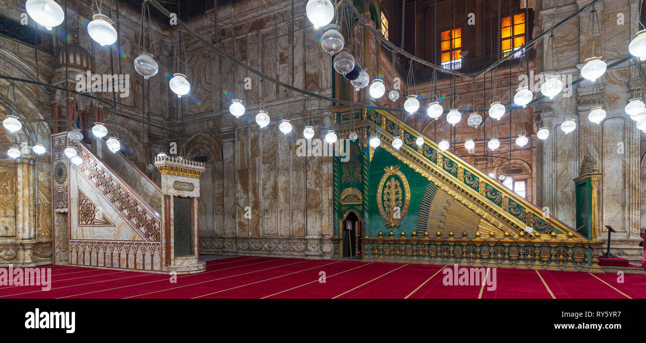 Engraved marble alabaster platform (Minbar) and wooden green decorated ...