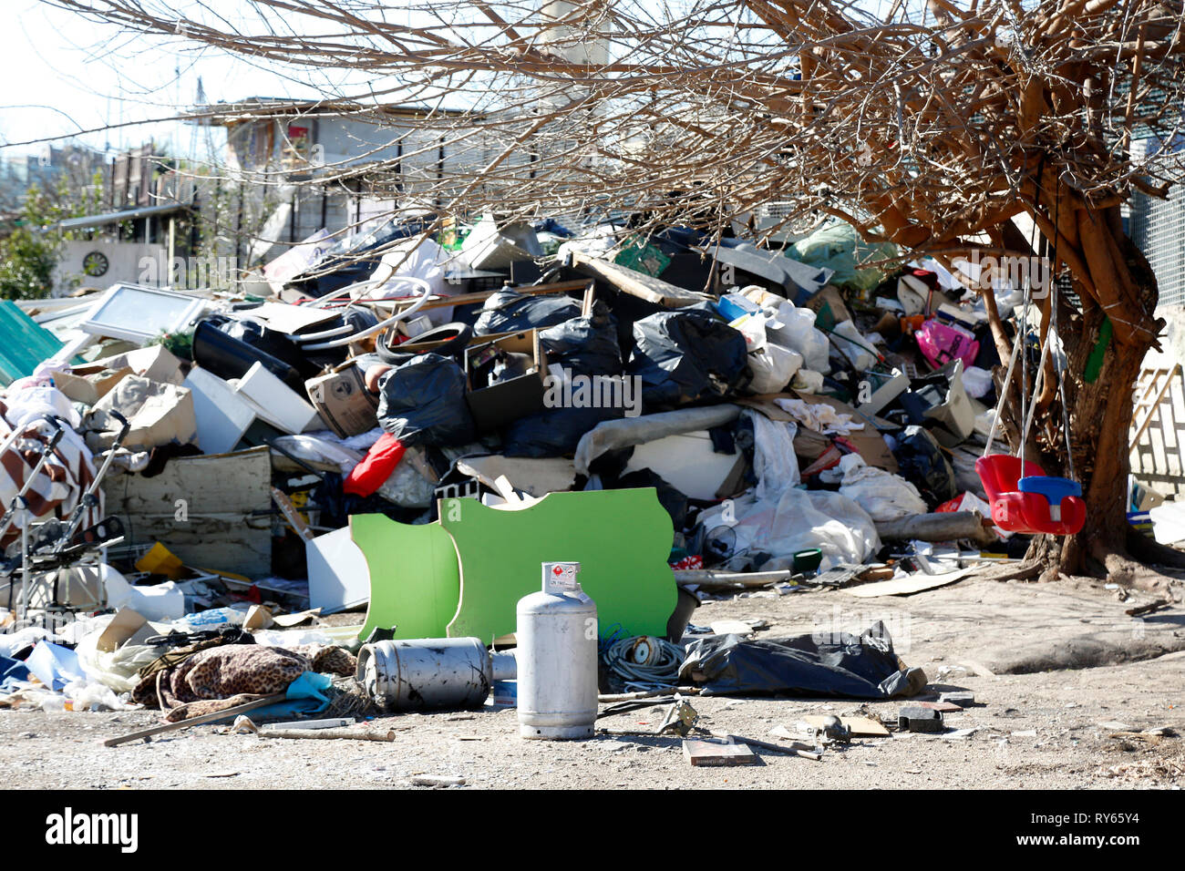 Waste outside the camp Rome March 12th 2019. Salviati Roma camp. After ...