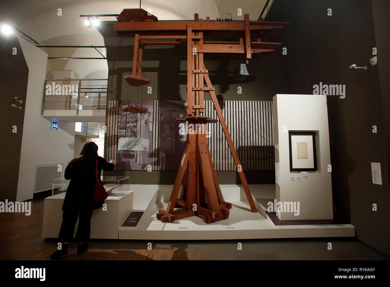 Rome, Italy. 12th Mar, 2019. Leonardo Da Vinci drawing, tower crane ...