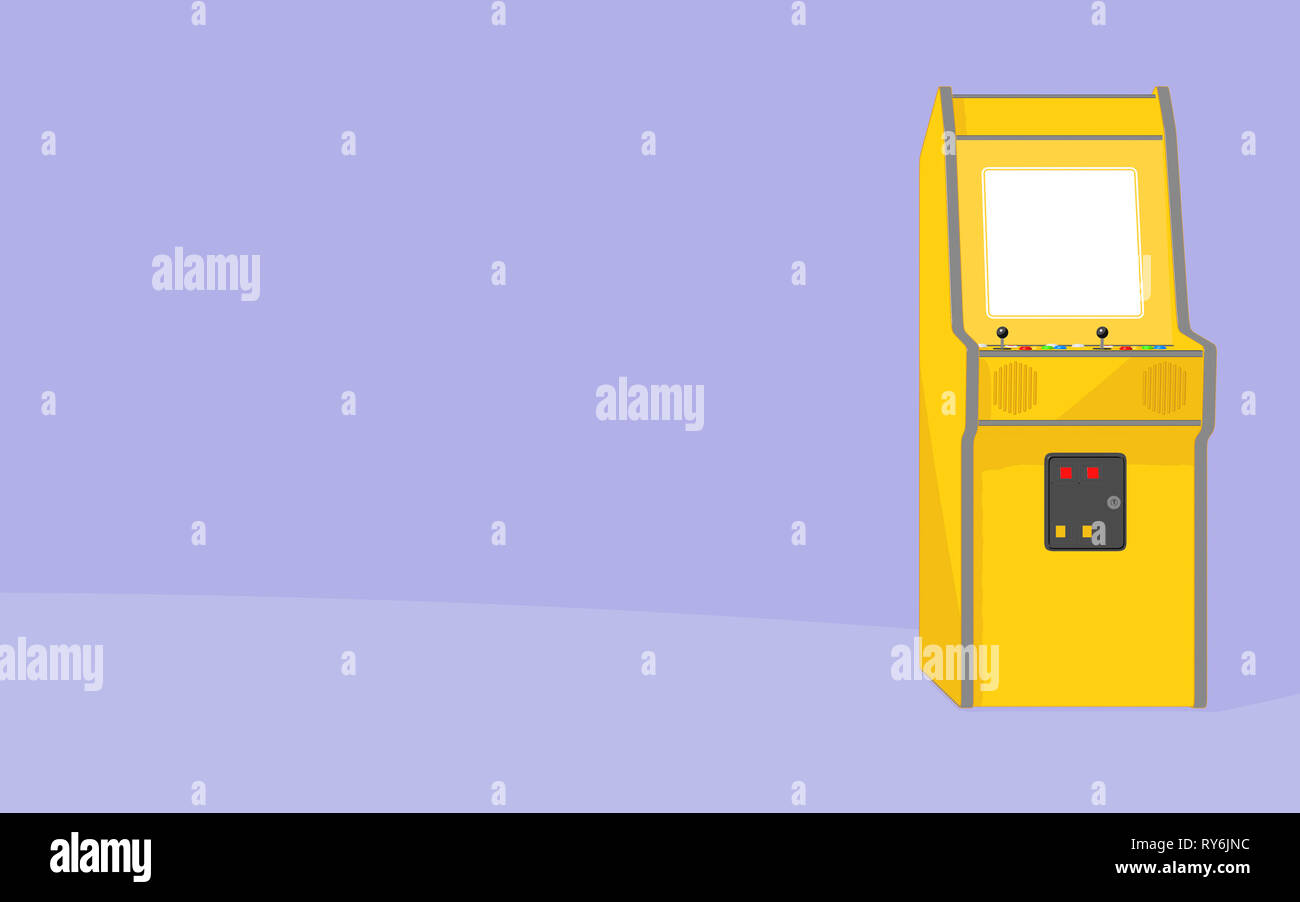 A vintage yellow unbranded arcade machine with a blank screen on a ...