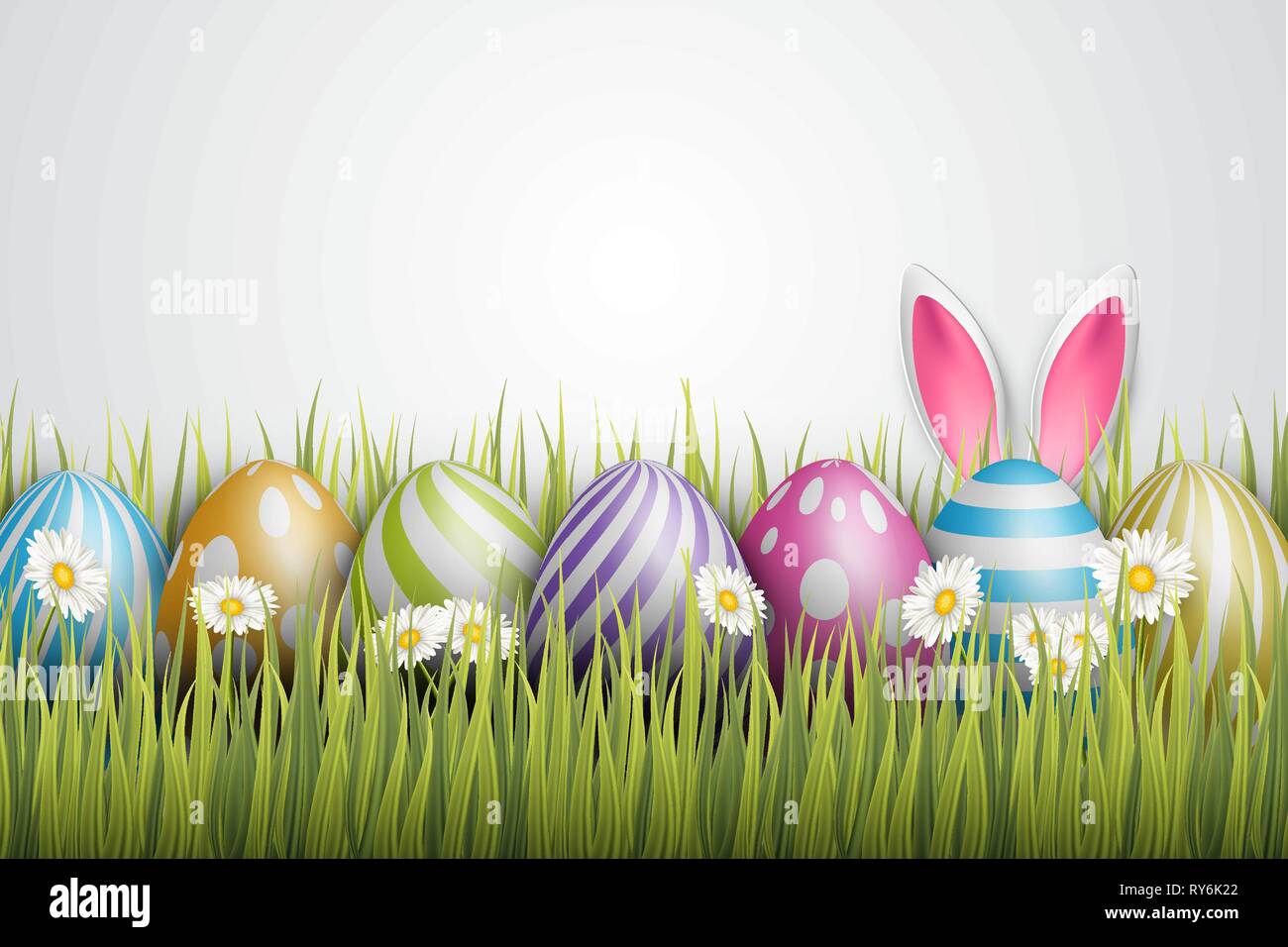 Easter background with painted 3d realistic eggs and bunny ears in ...