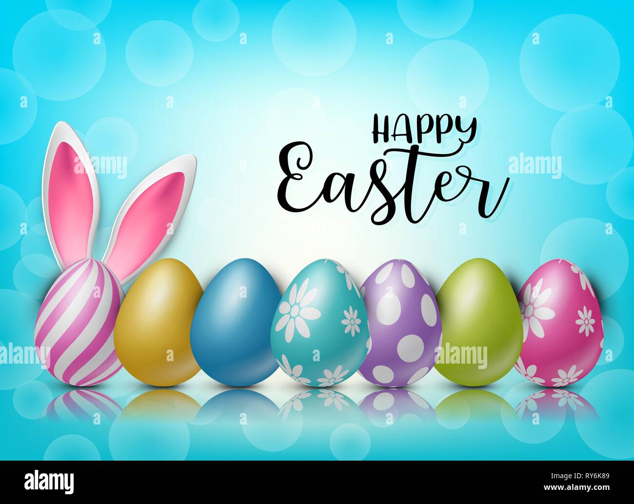 Happy Easter background with painted 3d realistic egg and bunny ears ...