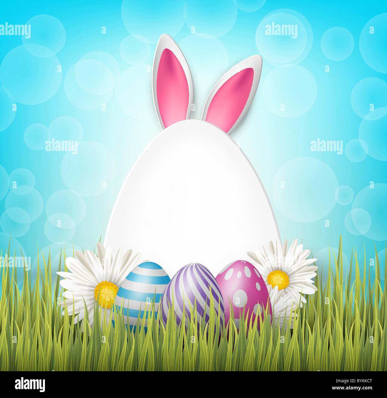 Easter greeting card with realistic 3d aggs, flowers, grass, and bunny ...